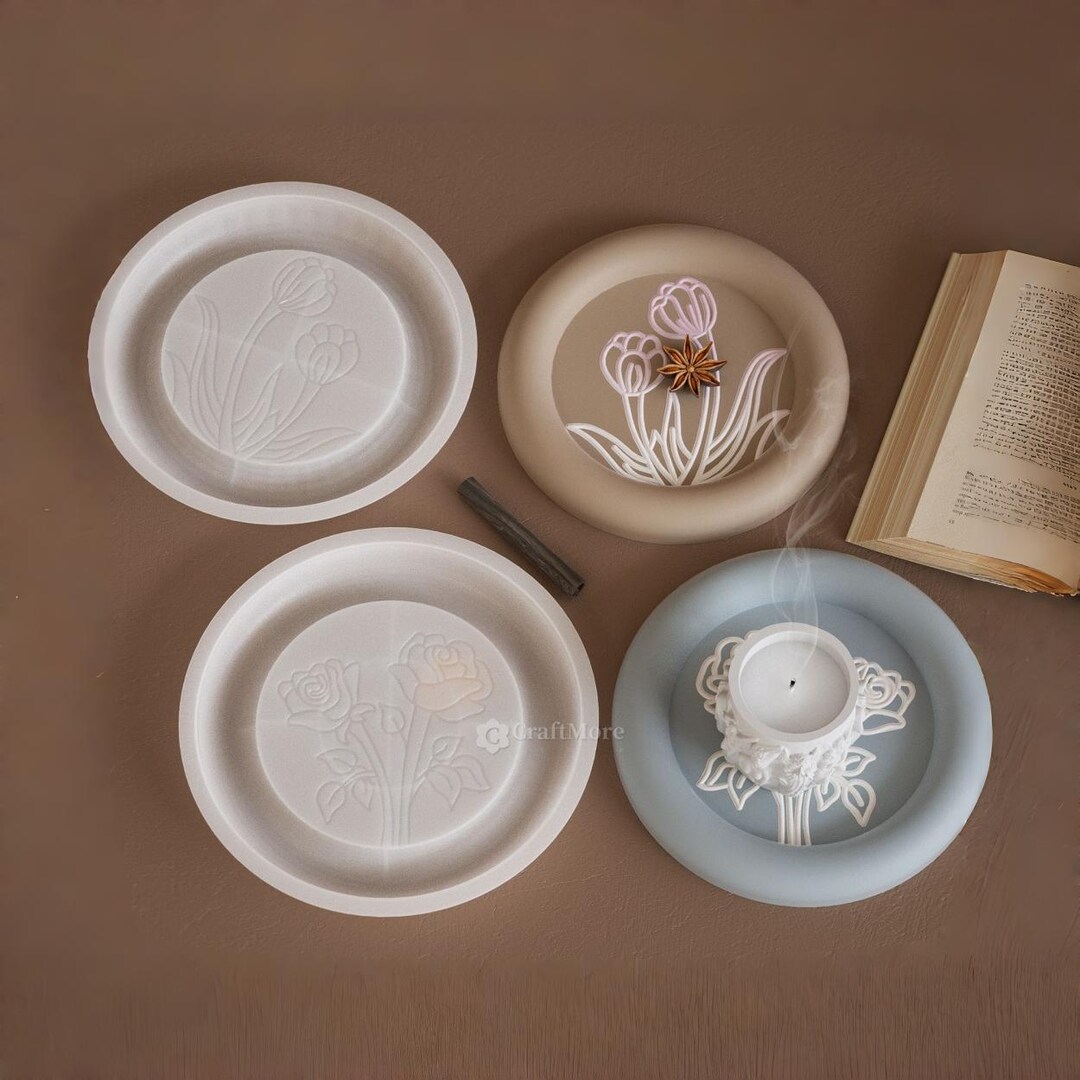 Flower Pattern Tray Silicone Mold-plaster/cement/concrete Round Tray ...