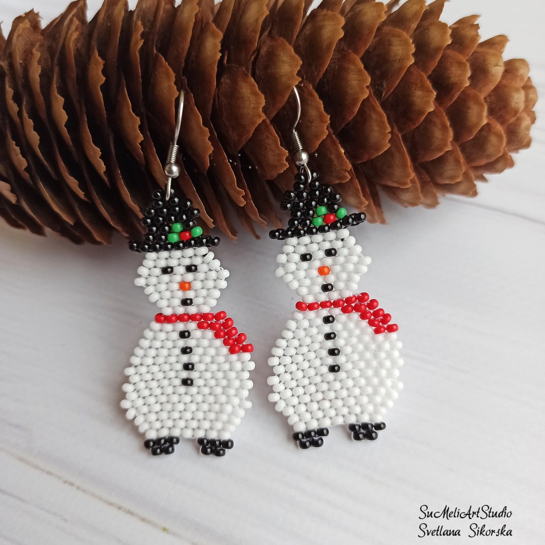 Snowman Beaded Earrings, Christmas Seed Bead Snowman Earrings, Holiday ...