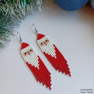 Christmas Holiday Santa Claus Beaded Earrings, Seed Bead Fringe ...