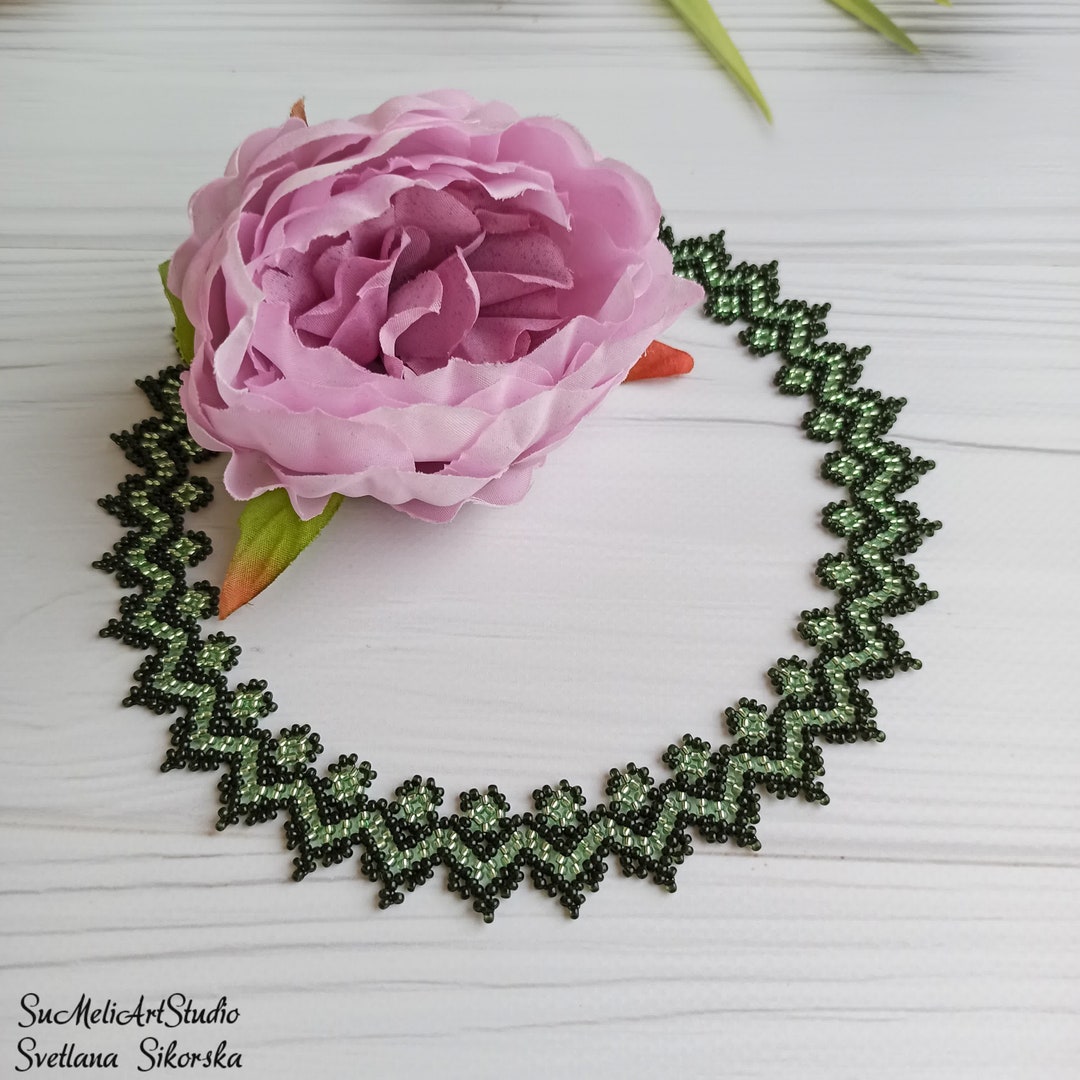 Green Beaded Necklace, Beadwork Necklace, Seed Bead Necklace, Evening ...