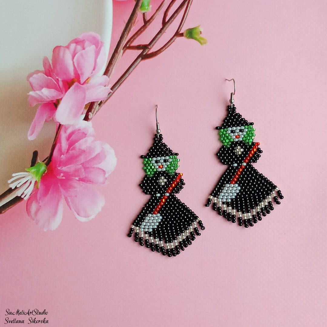 Beaded Witch Earrings, Halloween Witch Dangle Earrings, Witch Horror ...