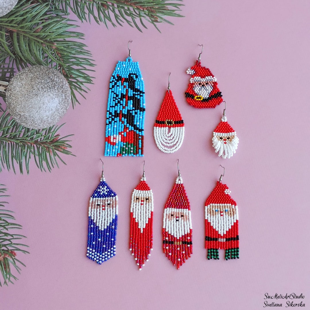 Santa Beaded Earrings Christmas Santa Seed Bead Earrings Deer Earrings Dangle Winter Earrings