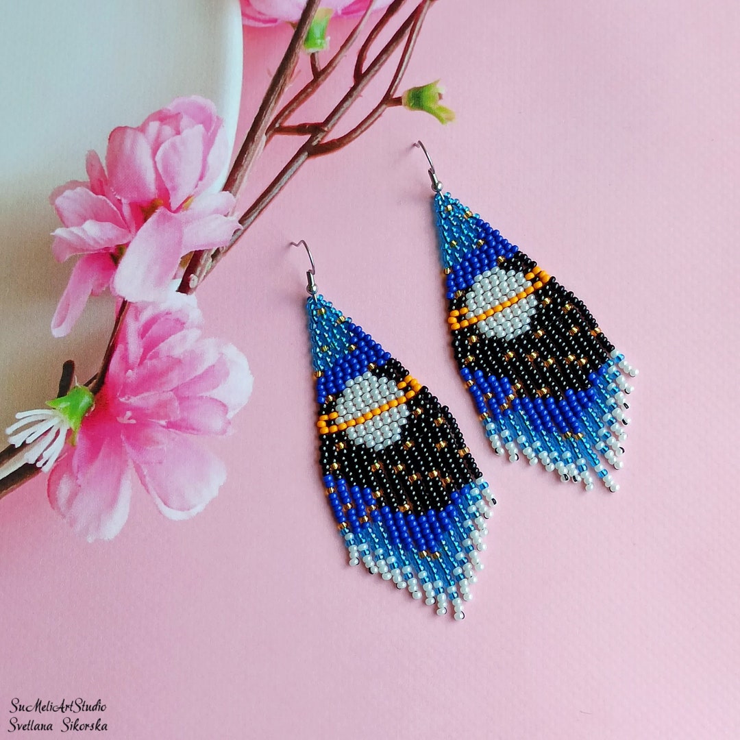 Saturn Planet Earrings Space Galaxy Unusual Beaded Earrings Stars