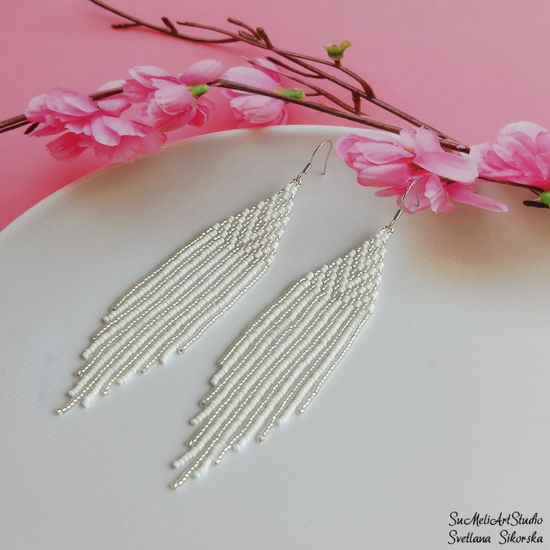 White Beaded Earrings Seed Bead Earrings White Silver Chandelier ...