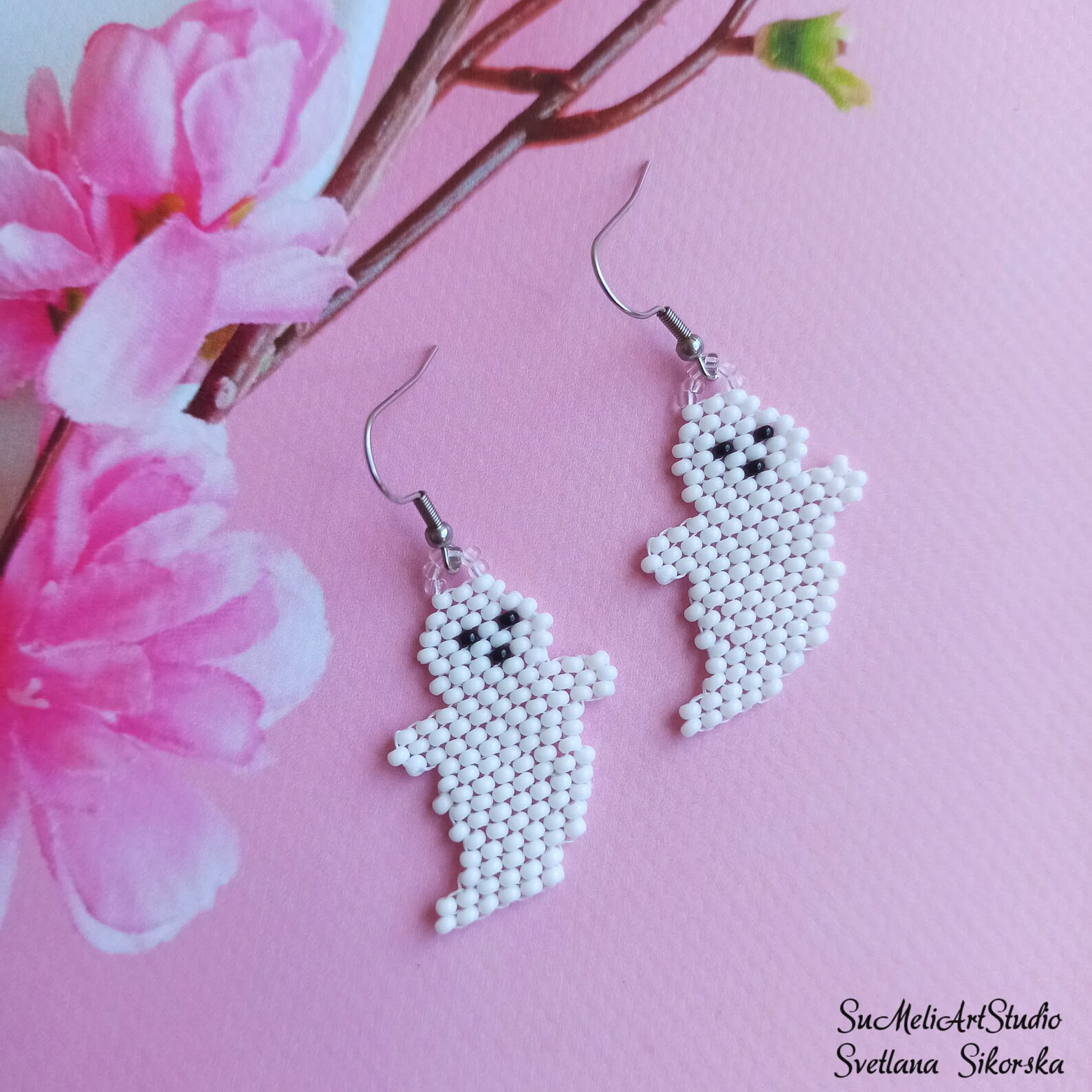 Boo earrings for Halloween Small ghost beaded earrings Cute | Etsy