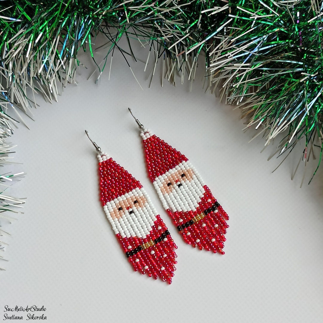 Santa Beaded Earrings, Christmas Santa Seed Bead Earrings, Dangle ...
