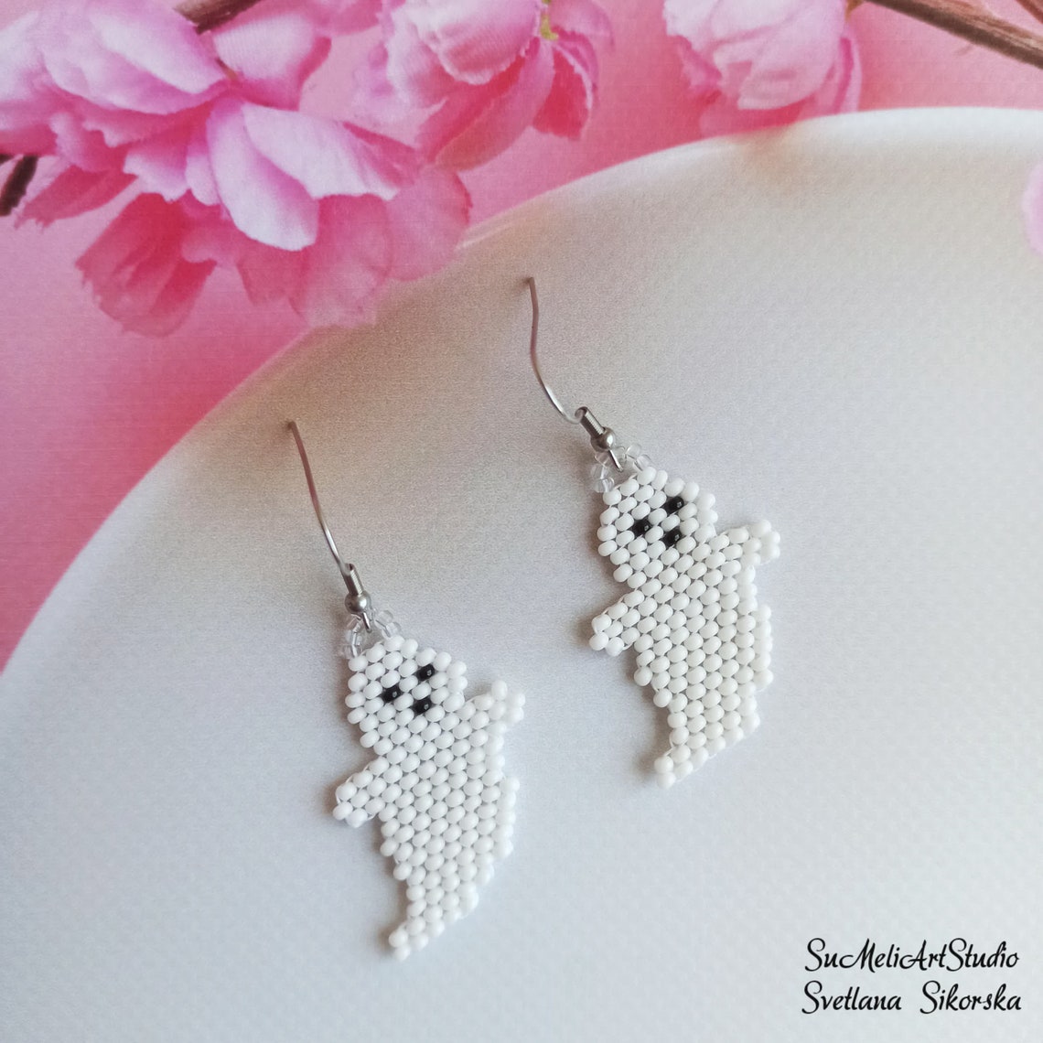 Boo earrings for Halloween Small ghost beaded earrings Cute | Etsy