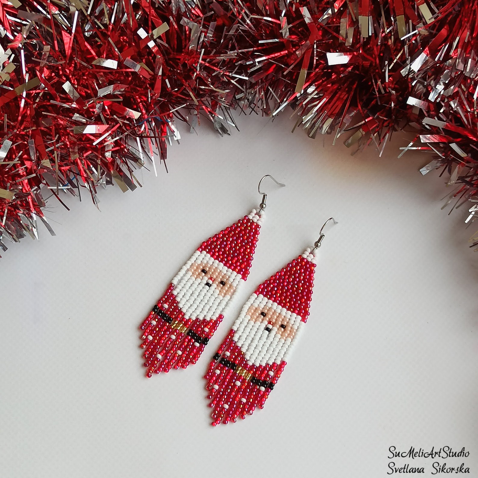 Santa Beaded Earrings, Christmas Santa Seed Bead Earrings, Dangle ...