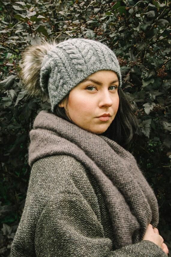 Pom Pom Hat Slouchy Women s Bobble Hat Braided Faux Fur Pom Beanie Winter Pompom Cap Chunky Knit Alpaca Beanie Hand Knitted Wool Toque Etsy