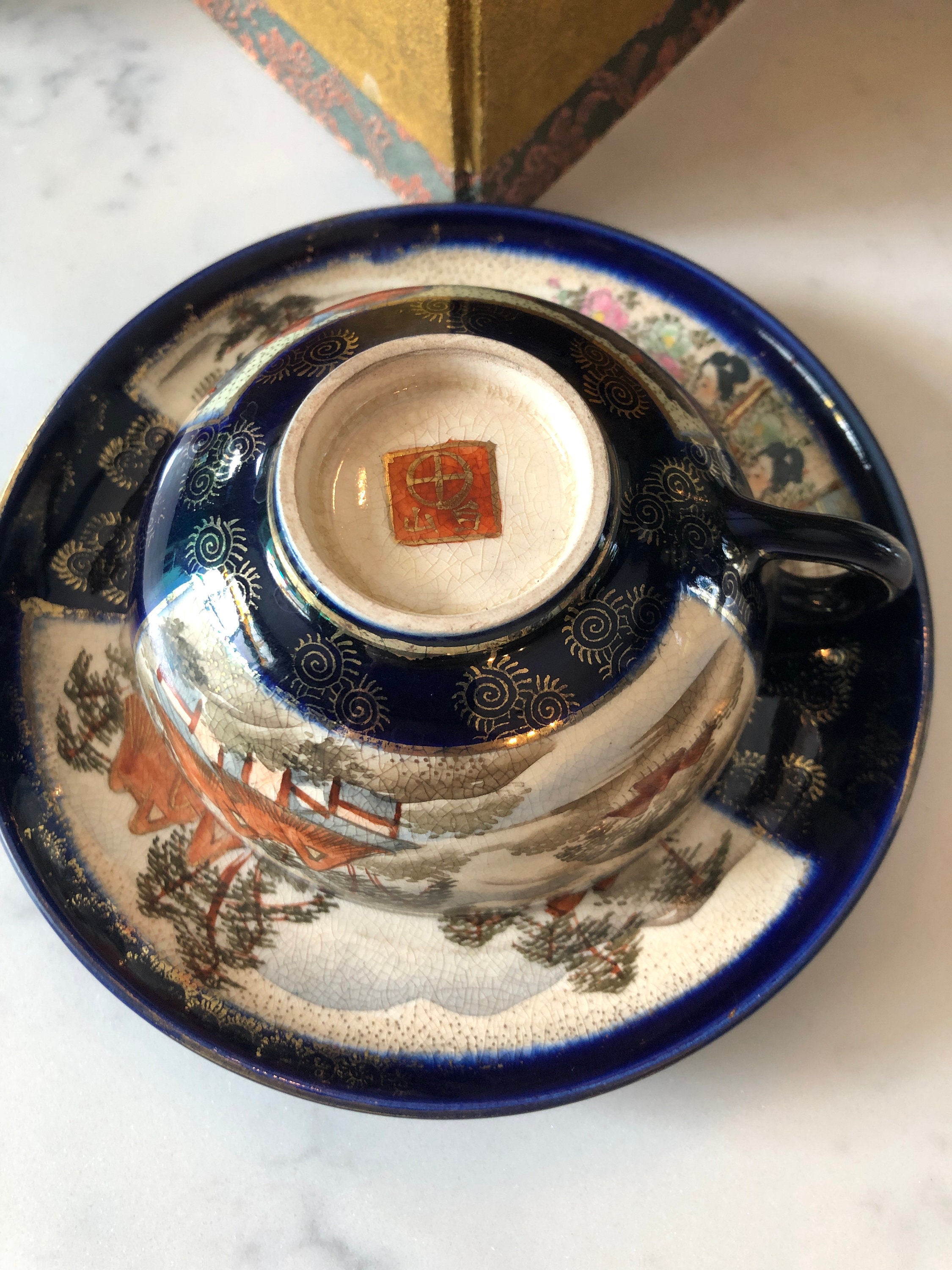 An Antique Japanese Satsuma Cup and Saucer, Glazed in Deep Cobalt Blue ...