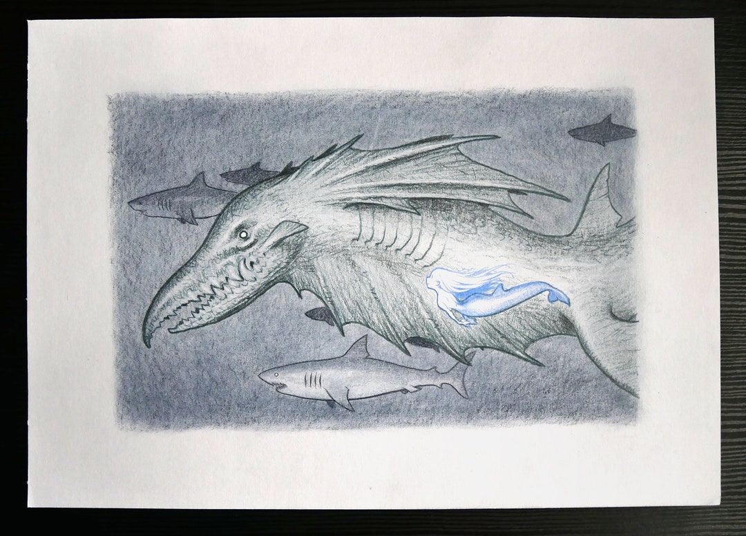 Mermaid and Sea Monster Drawing - Etsy