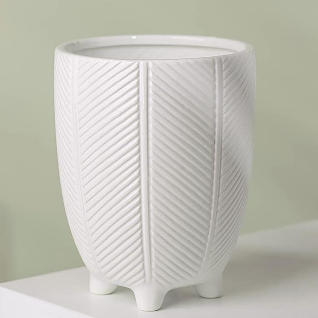 Tall Ceramic Planter Plant Pot With Feet White Stripe 15 X 15 X 19cm - Etsy