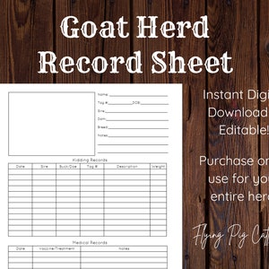 Goat Herd Record Sheet - Instant Digital Download - Editable! - Goat ...