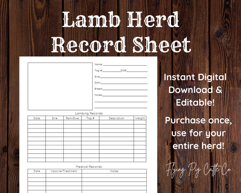 Lamb Herd Record Sheet - Instant Digital Download - Editable! - Lamb ...