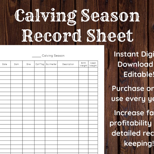 Calving Season Record Sheet Instant Digital Download - Etsy