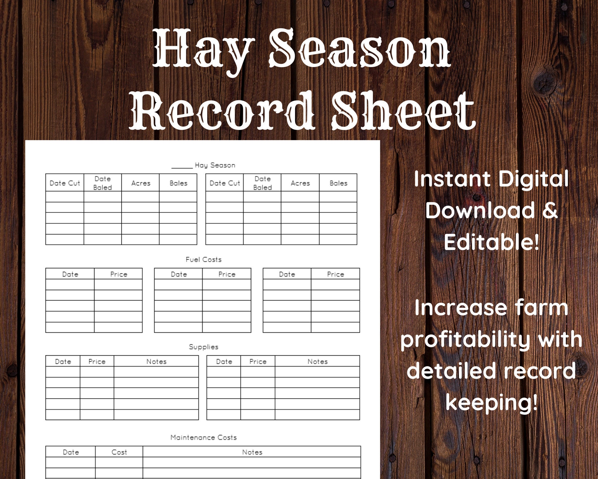 Hay Season Record Sheet - Instant Digital Download - Editable - Farm ...