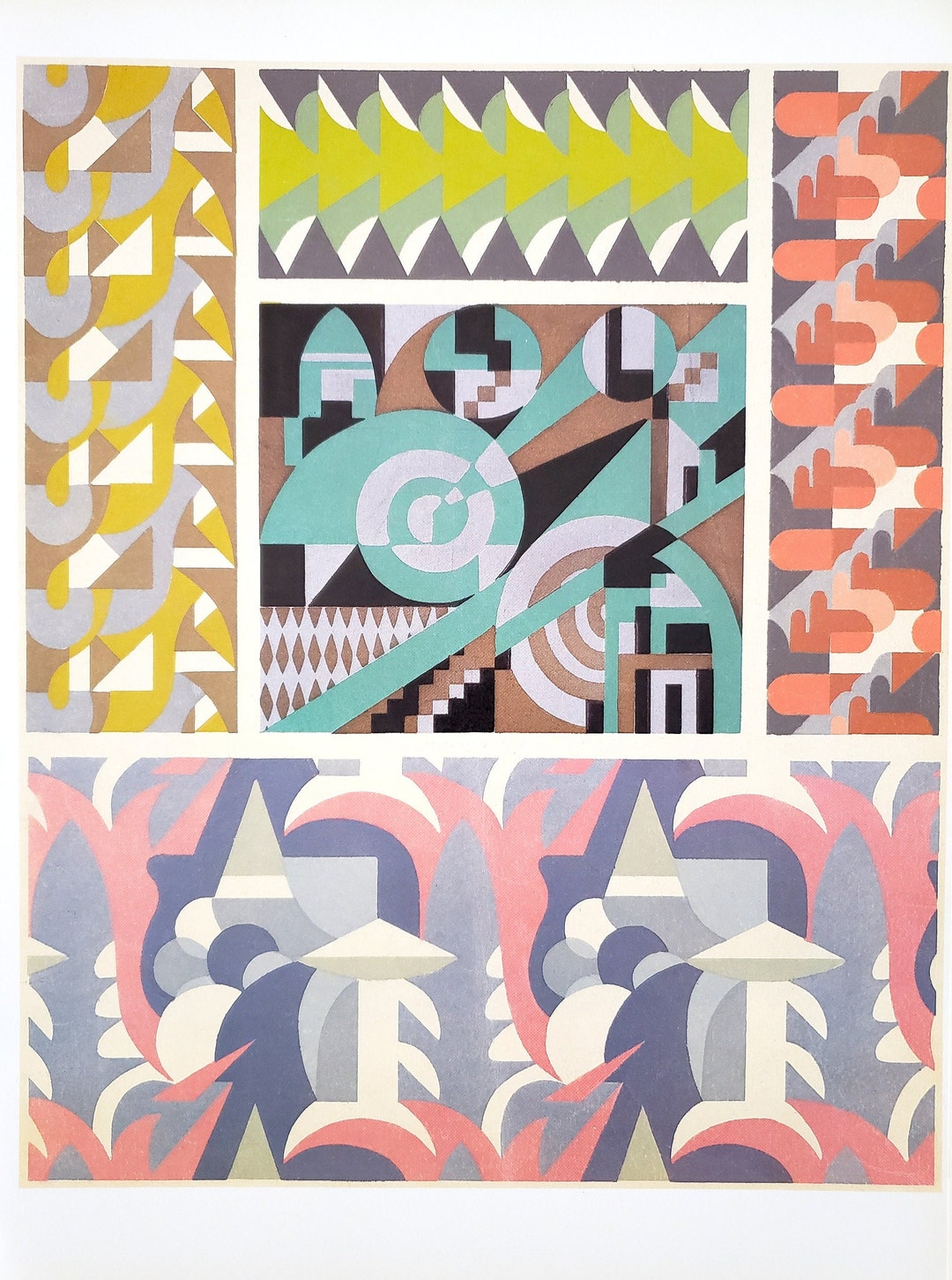 Art Deco Print Counterchange and Pastel Landscape 11 X 15 Book Plate ...