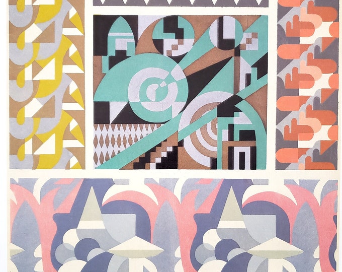 Art Deco Print Counterchange and Pastel Landscape 11 X 15 Book Plate ...