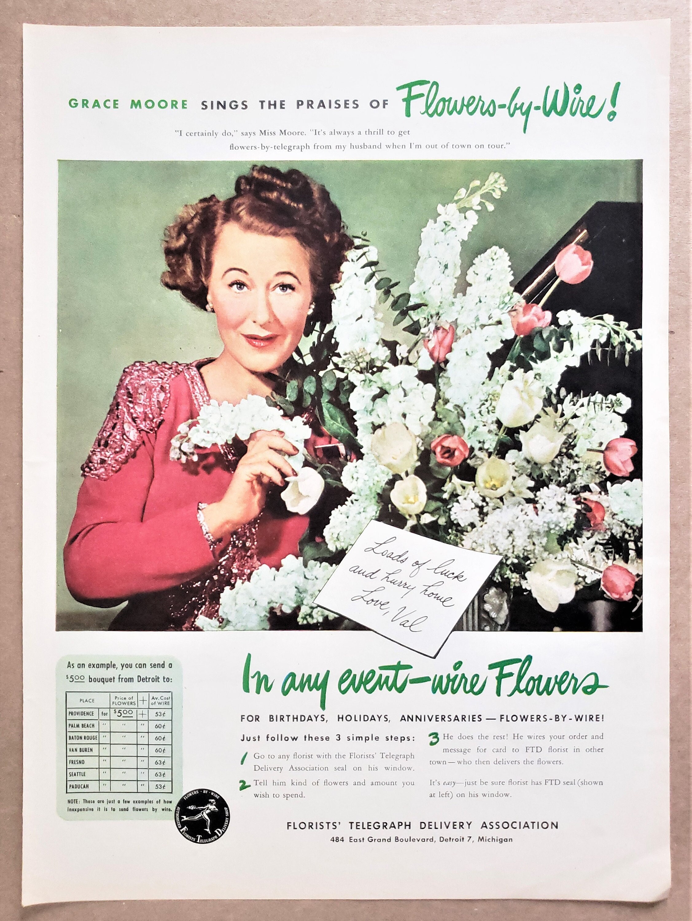Flowers by Wire 1945 Original Vintage PRINT AD 10.5 X 13 Post WWII Era ...