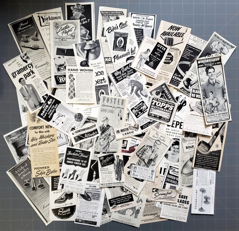 Small Vintage Black and White Print Ads 50+ Pcs Men's Fashion Grooming ...