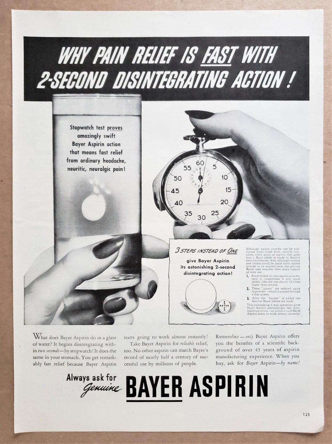 Bayer Aspirin 1945 Original Vintage PRINT AD 10.5 X 13 Post WWII Era 2 ...