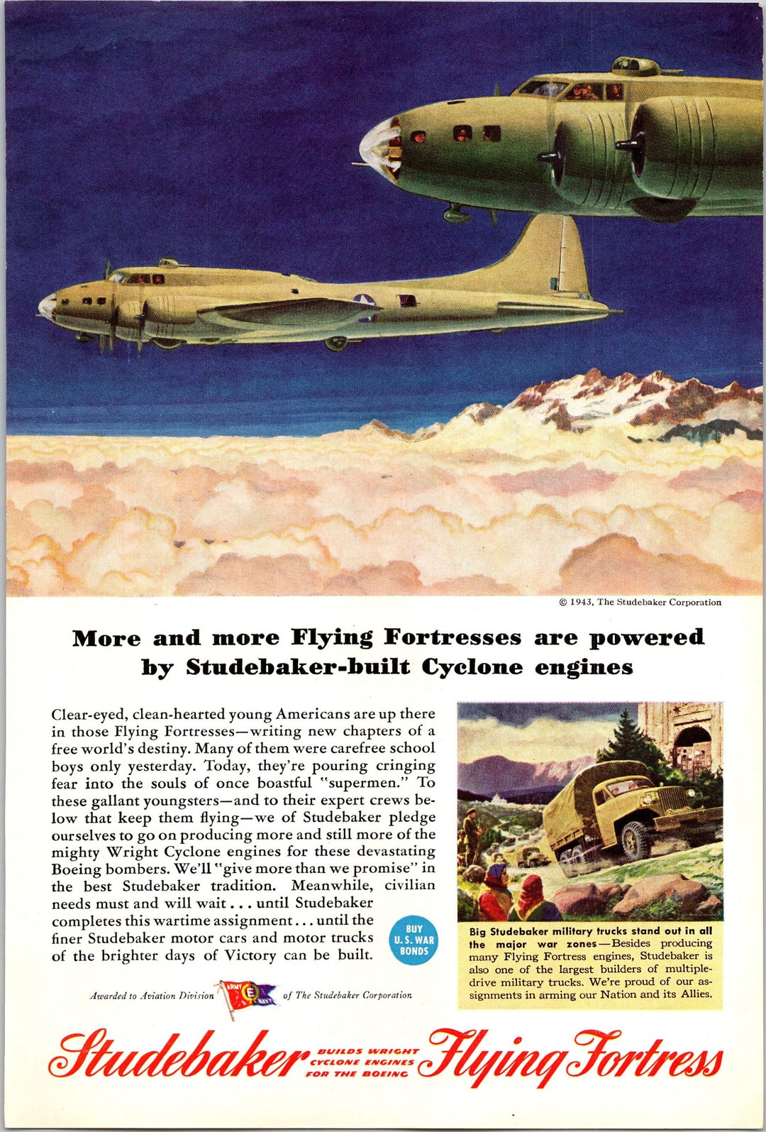 PRINT AD 1943 Studebaker WWII Flying Fortress Wright Cyclones for ...