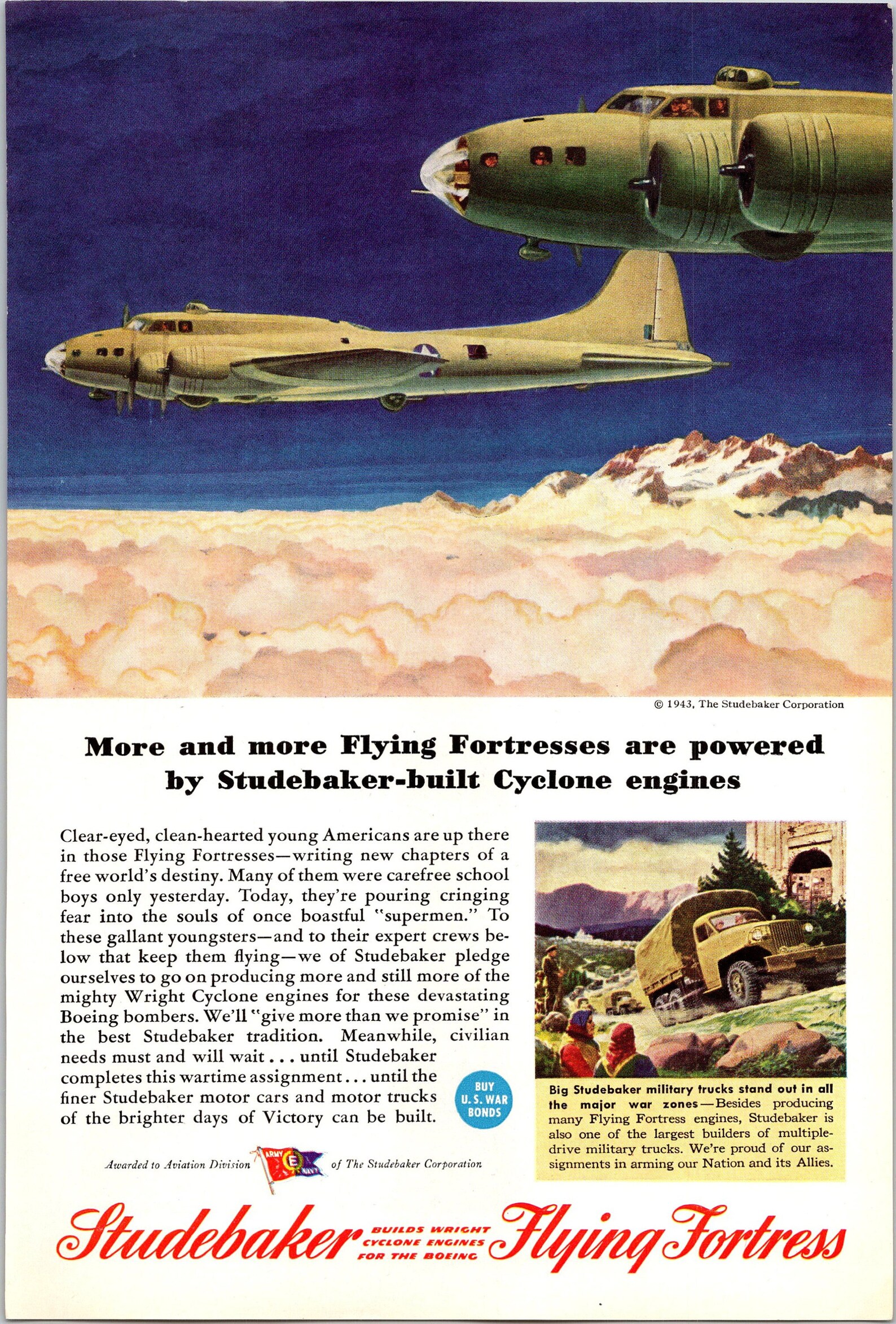 PRINT AD 1943 Studebaker WWII Flying Fortress Wright Cyclones for ...