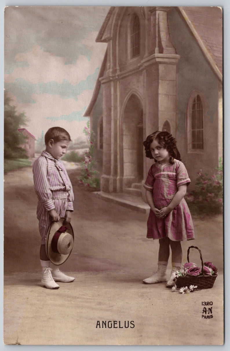 Angelus Bashful Little Boy and Little Girl With Flower Basket Antique ...
