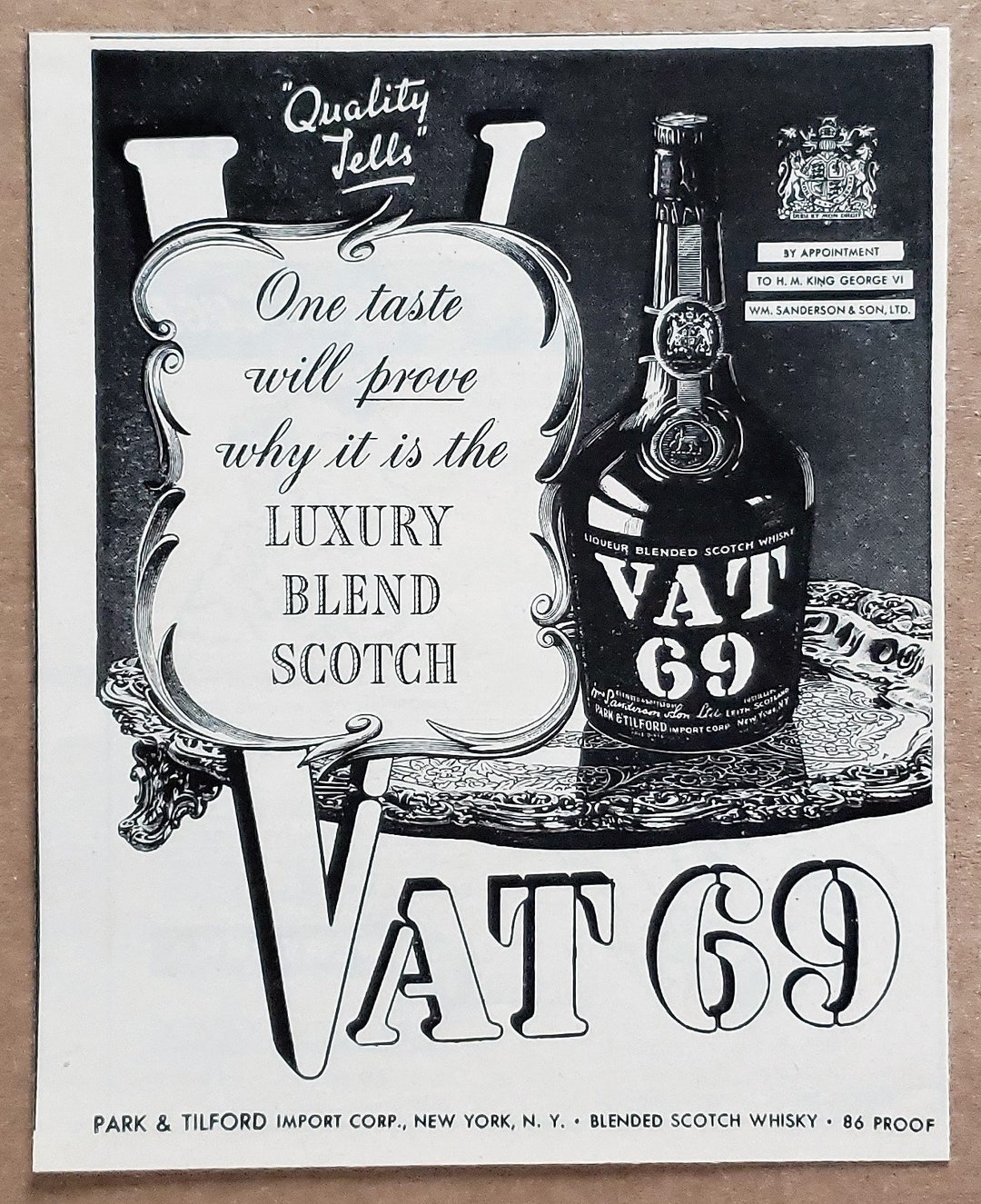 VAT 69 Luxury Blended Scotch Whisky 1945 Small Original Vintage PRINT ...
