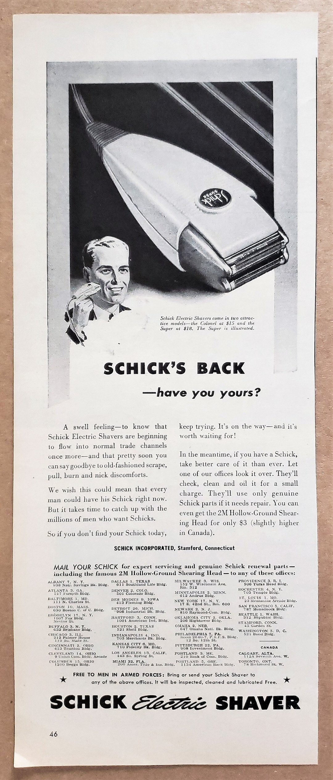 Schick Super Electric Shaver 1945 Original Vintage PRINT AD 5 X 13 ...