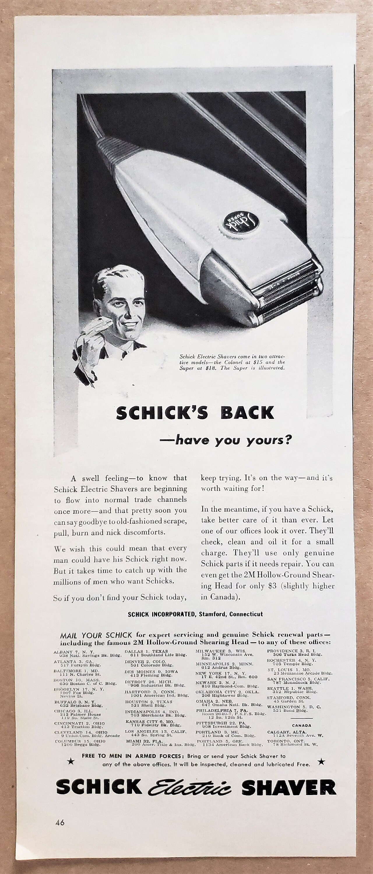 Schick Super Electric Shaver 1945 Original Vintage PRINT AD 5 X 13 ...