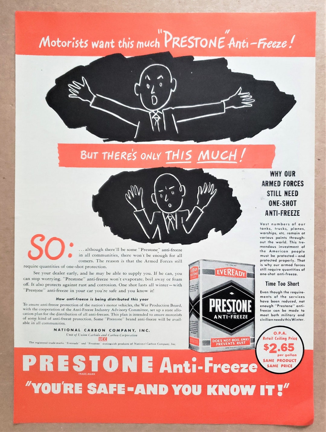 Prestone Antifreeze 1945 Original Vintage PRINT AD 10.5 X 13 Post World ...