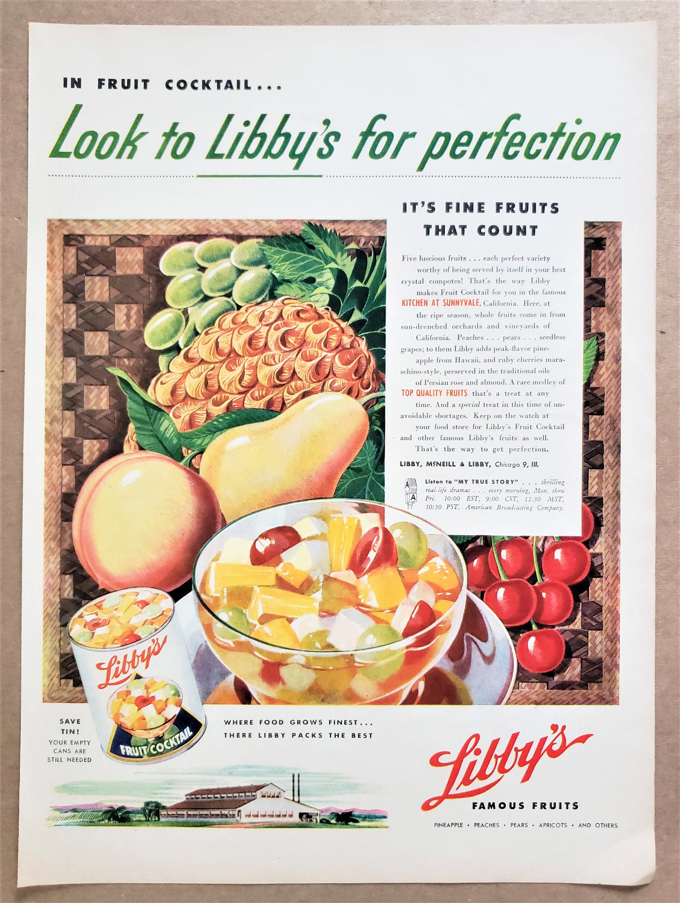 Libbys Fruit Cocktail 1945 Original Vintage PRINT AD 10.5 X 13 Post World War 2 Era Save Empty ...