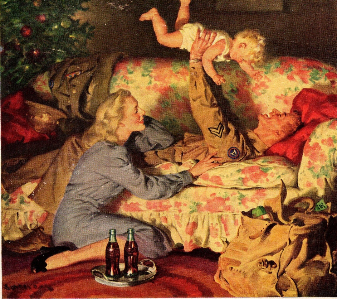 1945 Coke Vintage PRINT AD WW2 Soldier Home for Christmas W Baby Coca ...