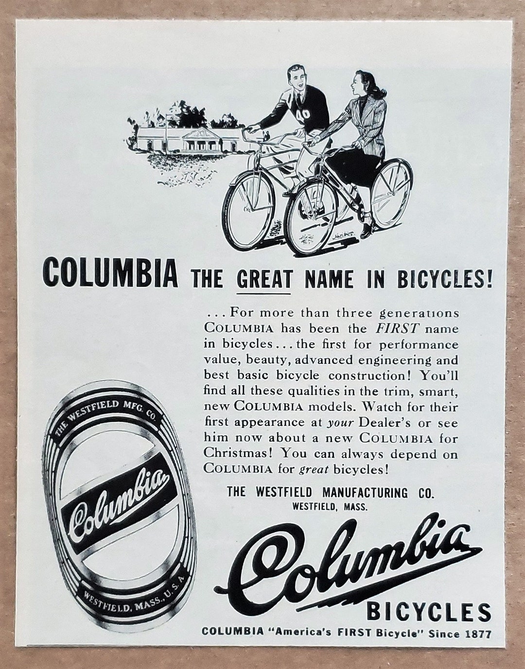 Columbia Bicycles 1945 Small Original Vintage PRINT AD 5 X 6 Inches ...
