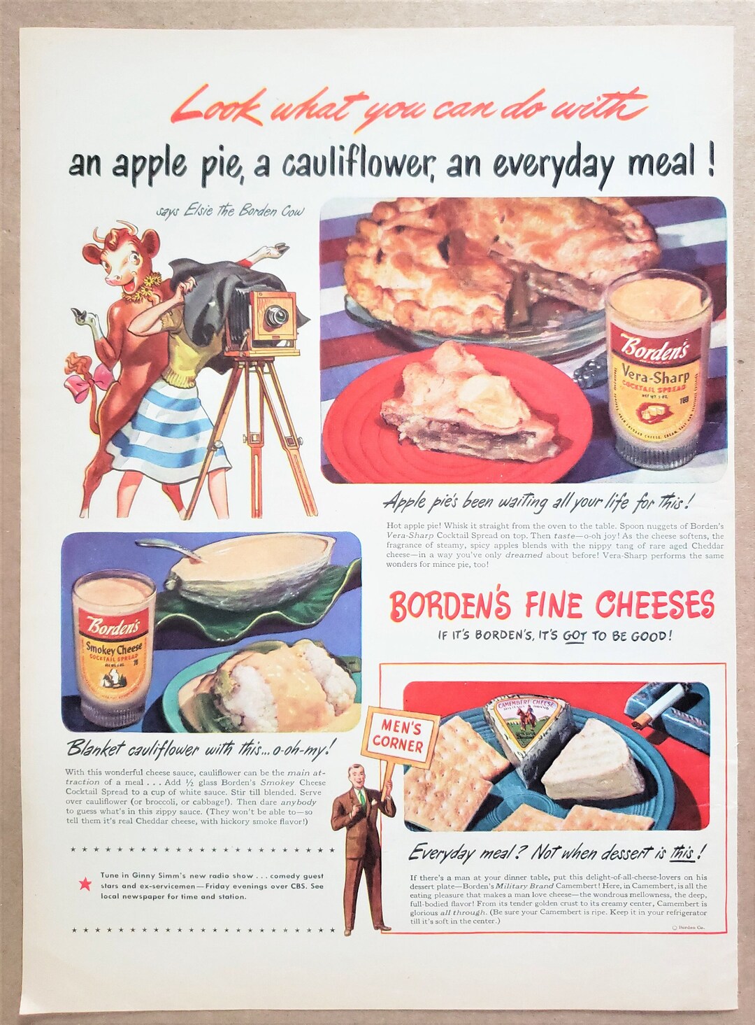 Bordens Fine Cheeses 1945 Original Vintage PRINT AD 10.5 X 13 Post WWII ...