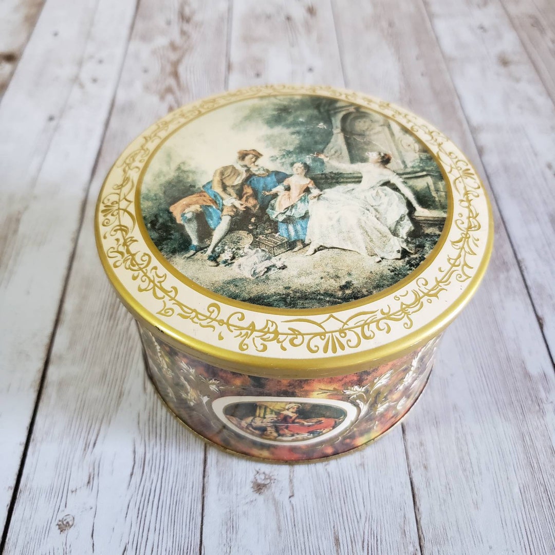 French Style Metal Chocolate Box or Cookie Tin Circular Round Can With ...
