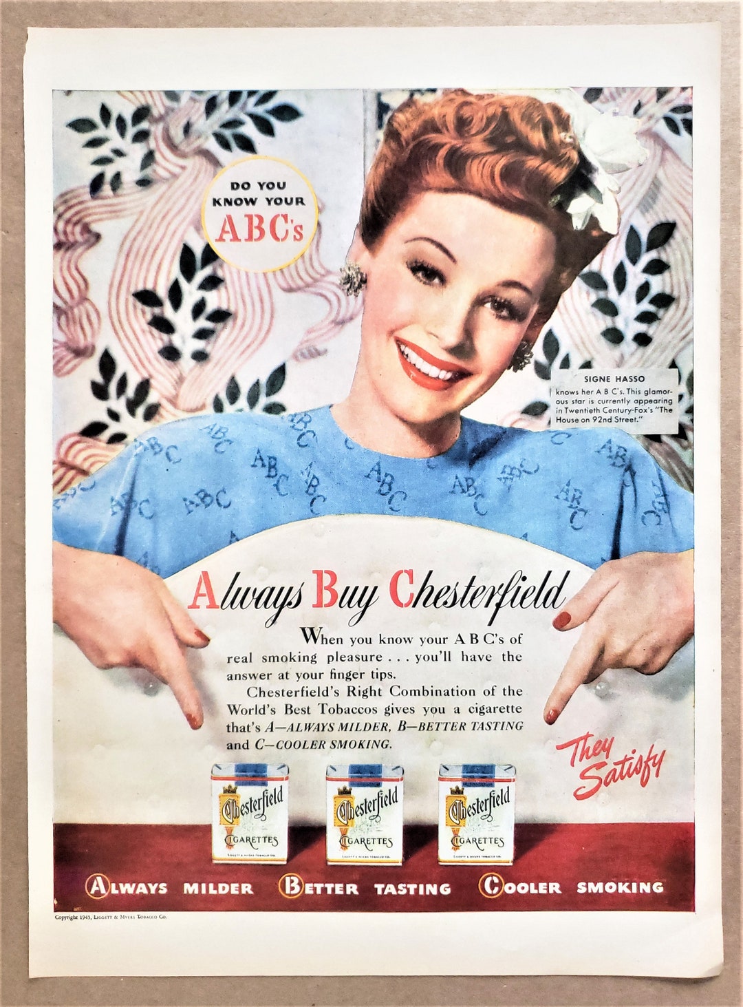 Chesterfield Cigarettes 1945 Original Vintage PRINT AD 10.5 X 13 Post ...
