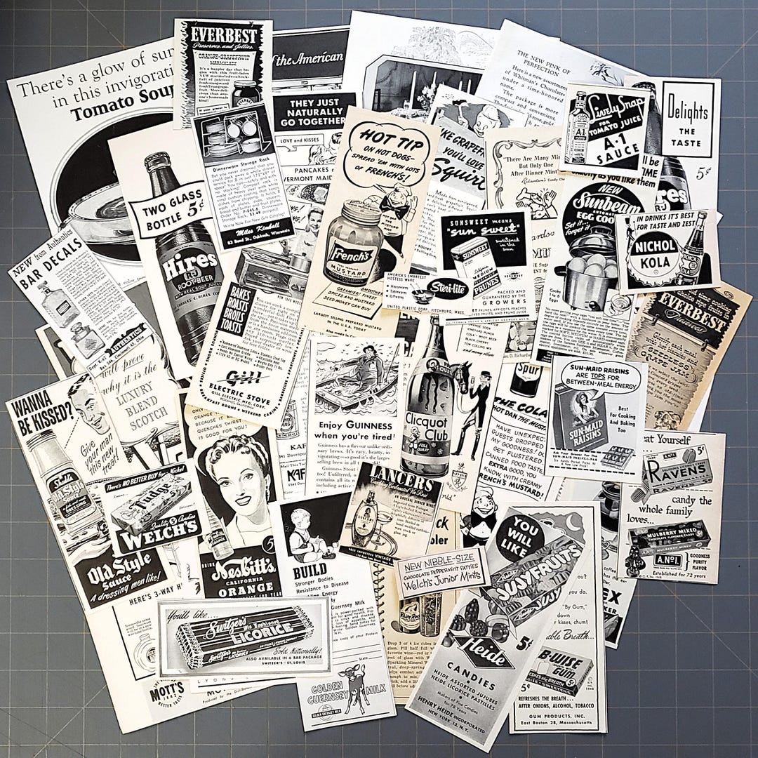 Small Vintage Black and White Print Ads 50+ Pcs Food and Kitchen Theme ...