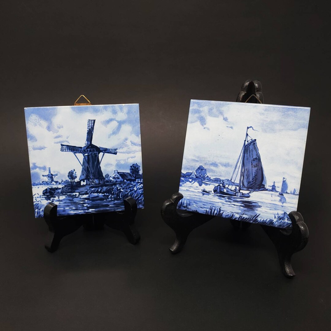 Dutch Blue Tiles X2 | Windmill and Sailboat Decor | 4-inch Mosa Tiles ...