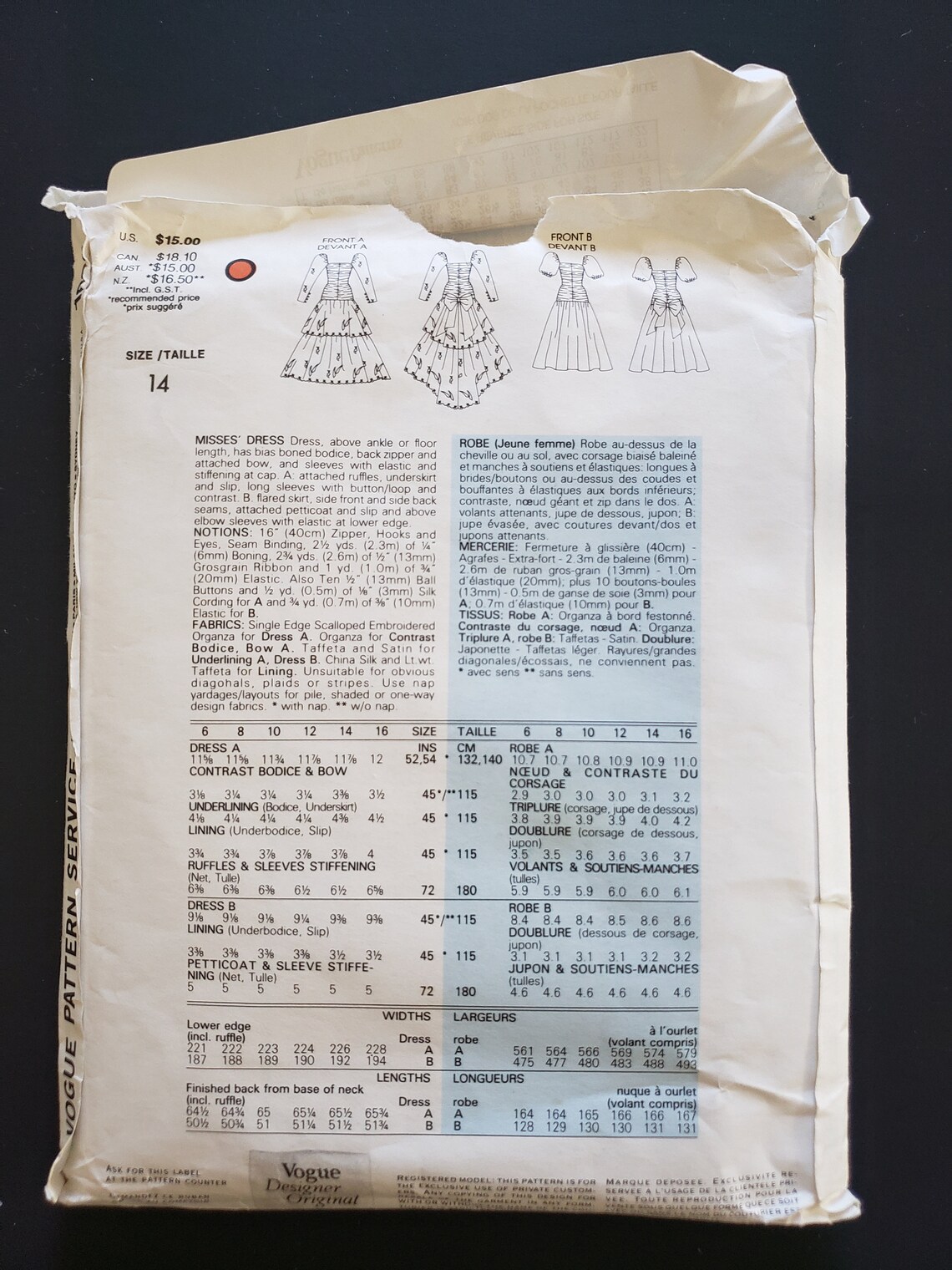 Bridal Gown Vogue Sewing Pattern 1826 Size 14 Wedding Dress 1986 Retro ...