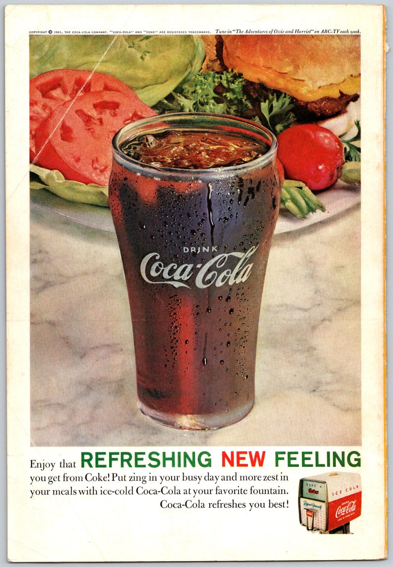1961 Coke VINTAGE PRINT AD Refreshing New Feeling Glass and Burger Coca ...