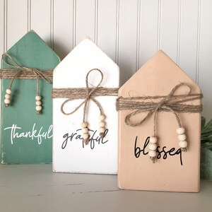 3 Wooden Houses, Wood House Sign, Small Houses, Thankful Grateful and ...