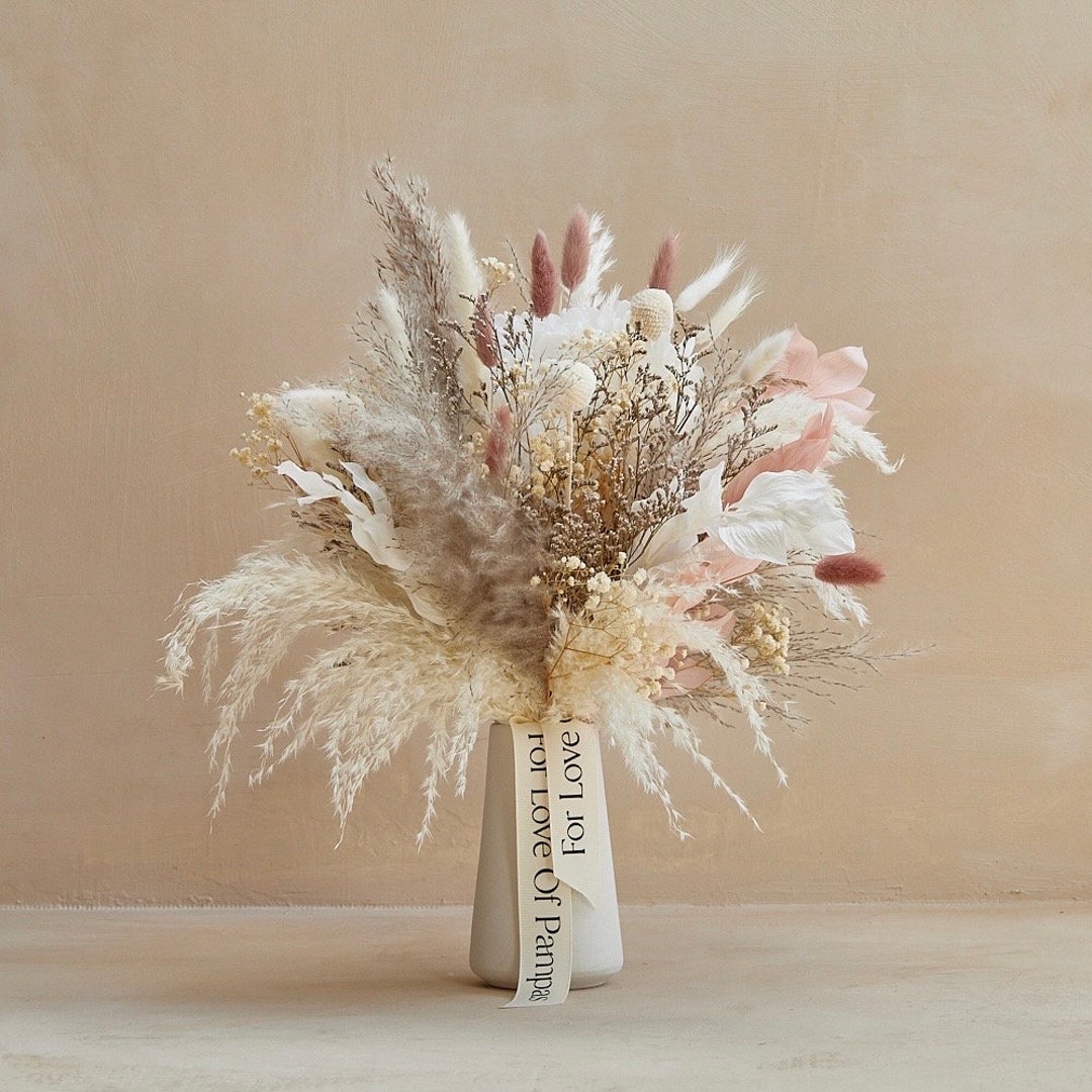 Dried Flower Bouquet - “mica” Pampas Grass Hydrangea Pink Ruscus Home ...