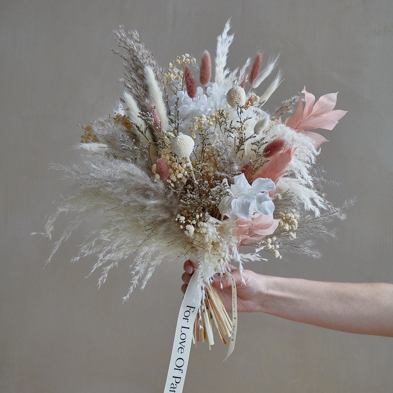 Dried Flower Bouquet - “mica” Pampas Grass Hydrangea Pink Ruscus Home ...