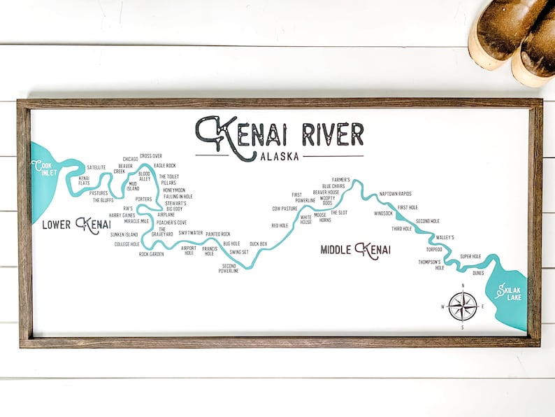 Kenai River Fishing Map, Alaska Cabin Decor, Farmhouse Sign - Etsy
