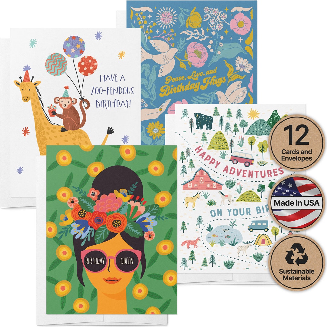 12 Assorted Funny Birthday Cards | All Ages & Genders | Eco-friendly ...