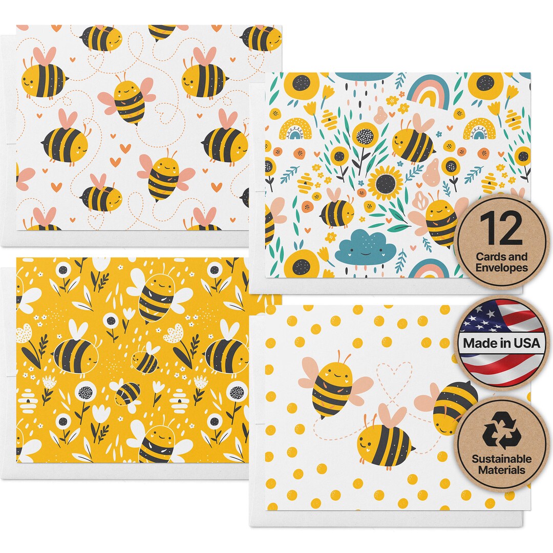 Bumble Bee Greeting Cards | Bees Cards Set | Bees and Flowers Greeting ...