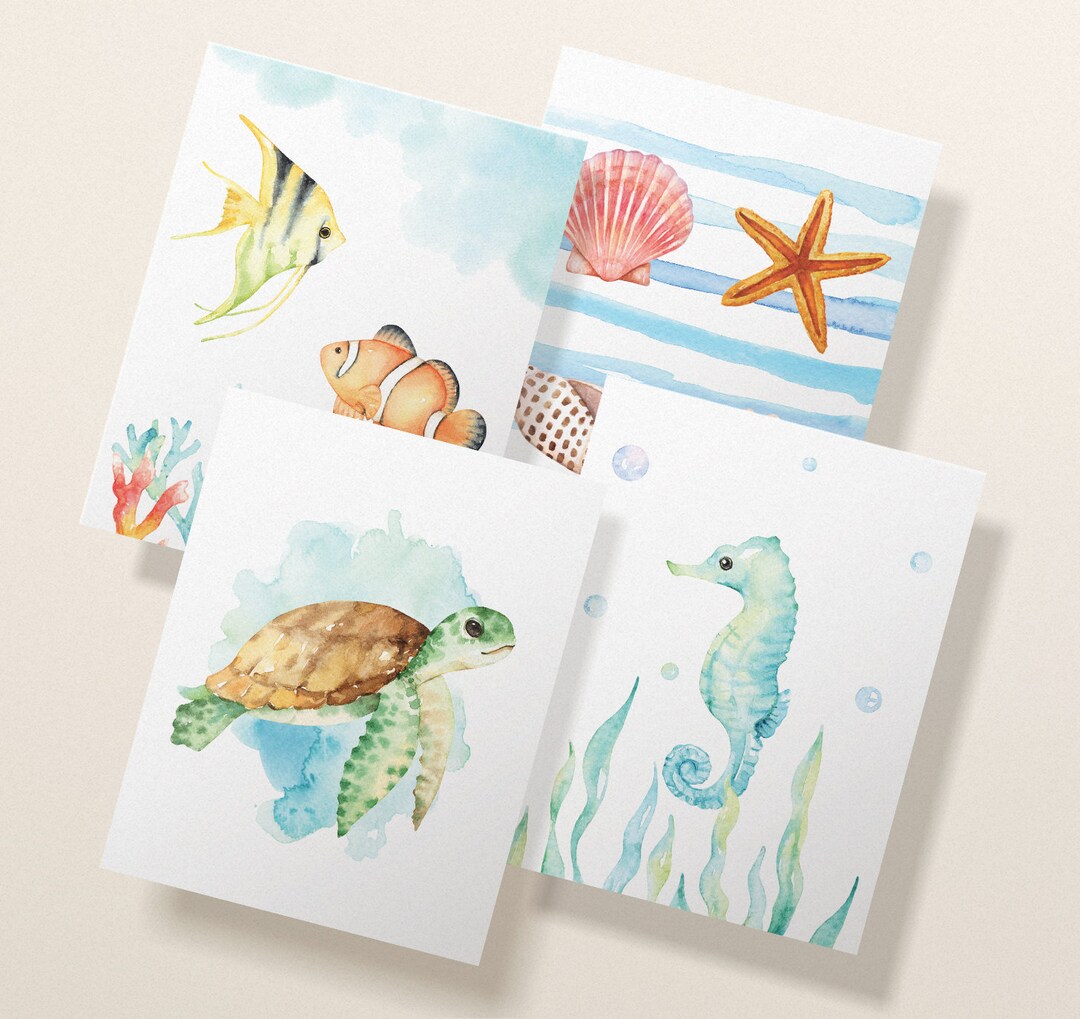Ocean Animal Watercolor Greeting Cards Cute Ocean Life Notecards Sea ...