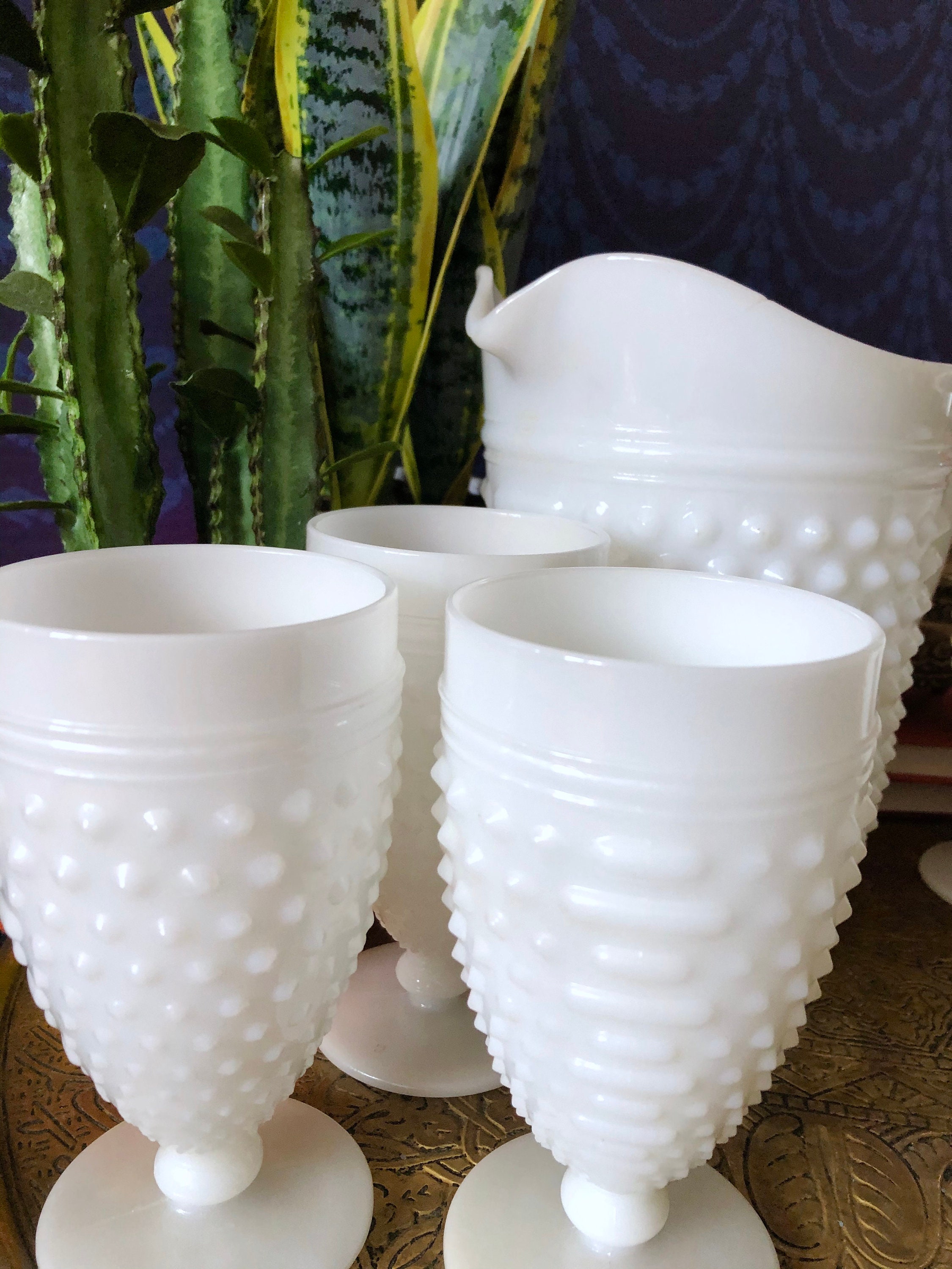 Hobnail Pitcher and Cup Set White Milk Glass 5 Conical | Etsy